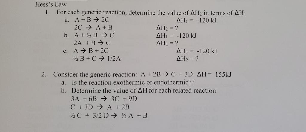 Solved Hess's Law 1. For each generic reaction, determine | Chegg.com