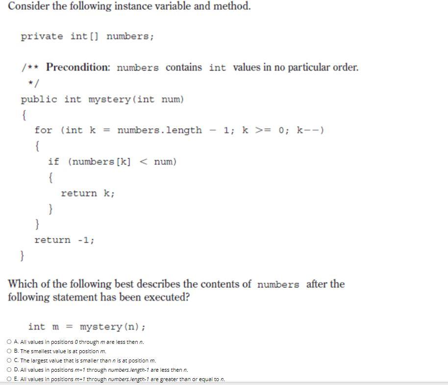 Solved Consider the following instance variable and method. | Chegg.com
