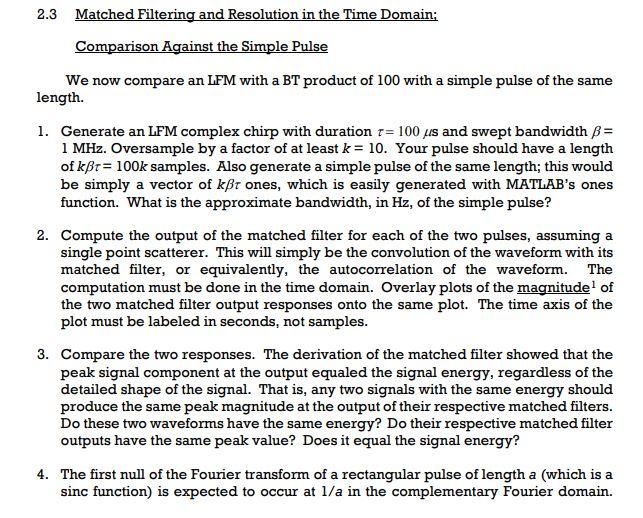 Solved 2.1 Generating a Complex LFM Chirp Waveform A | Chegg.com