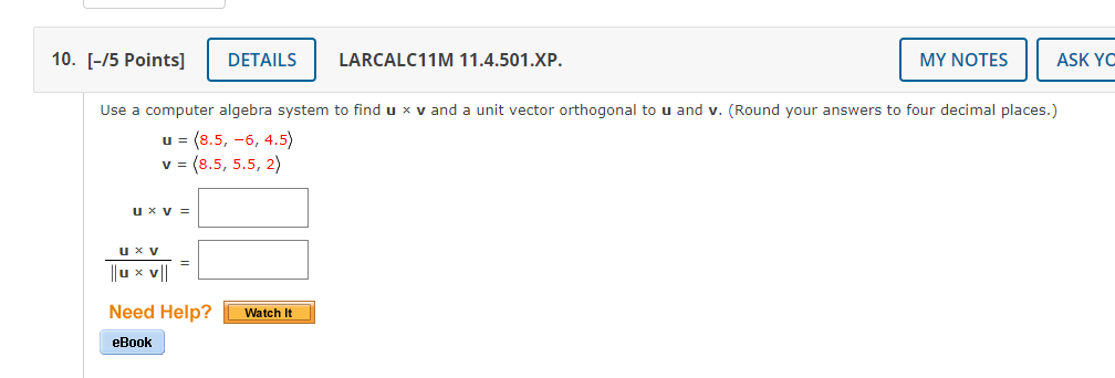Use a computer algebra system to find u×v and a unit | Chegg.com