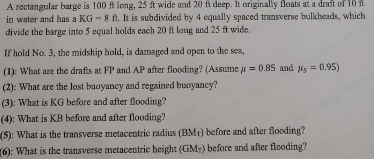 Solved A rectangular barge is 100 ft long, 25 ft wide and 20 | Chegg.com
