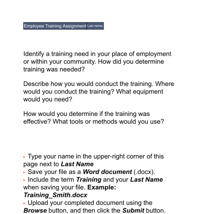 Solved Employee Training Assignment Last name Identify a | Chegg.com