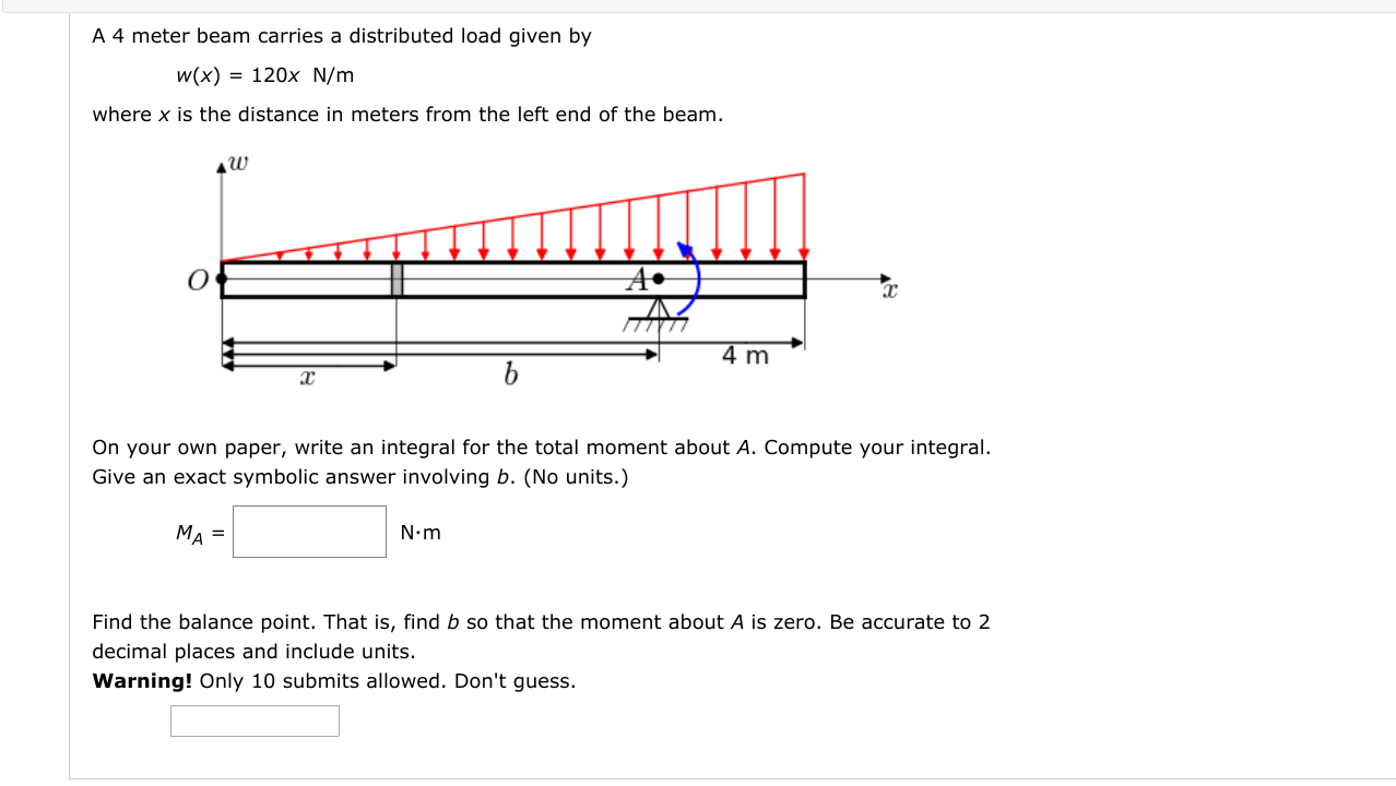 Solved A 4 meter beam carries a distributed load given by | Chegg.com