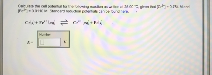 Solved Calculate the cell potential for the following | Chegg.com