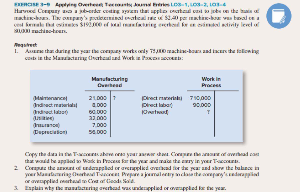 Solved EXERCISE 3-9 Applying Overhead; T-accounts; Journal | Chegg.com