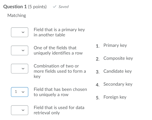 Solved Question 1 (5 points) Saved Matching Field that is a | Chegg.com