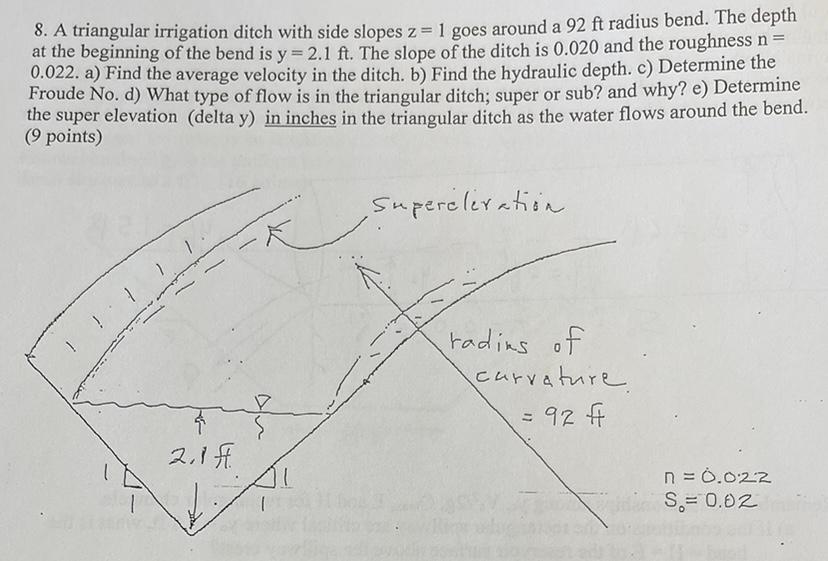 Solved 8. A triangular irrigation ditch with side slopes z=1 | Chegg.com