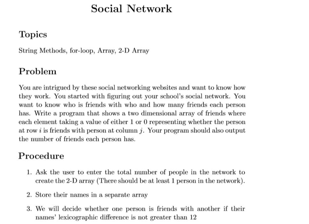 Solved Social Network Topics String Methods, for-loop, | Chegg.com