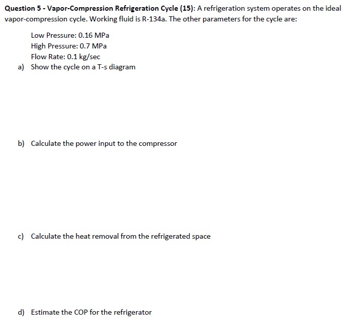 Solved Question 5 - ﻿Vapor-Compression Refrigeration Cycle | Chegg.com