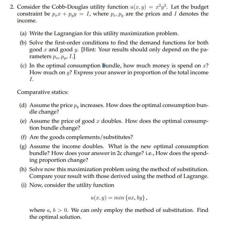 Solved Consider the Cobb-Douglas utility function | Chegg.com