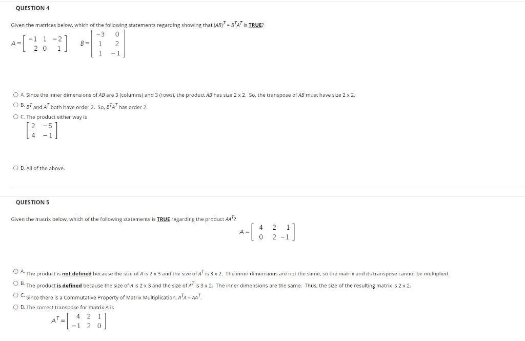 Solved QUESTION 4 Given the matrices below, which of the | Chegg.com