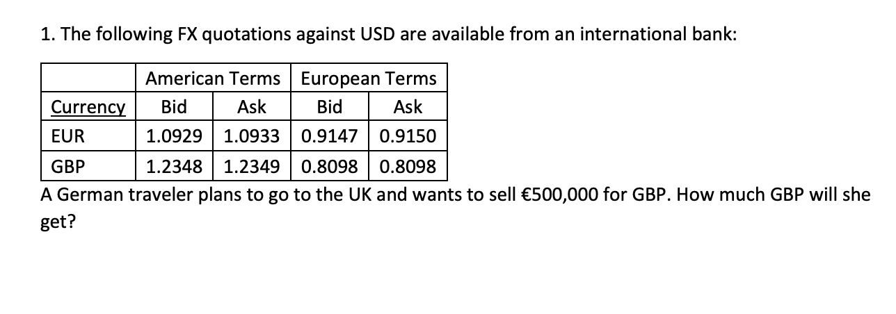 Solved 1. The following FX quotations against USD are | Chegg.com