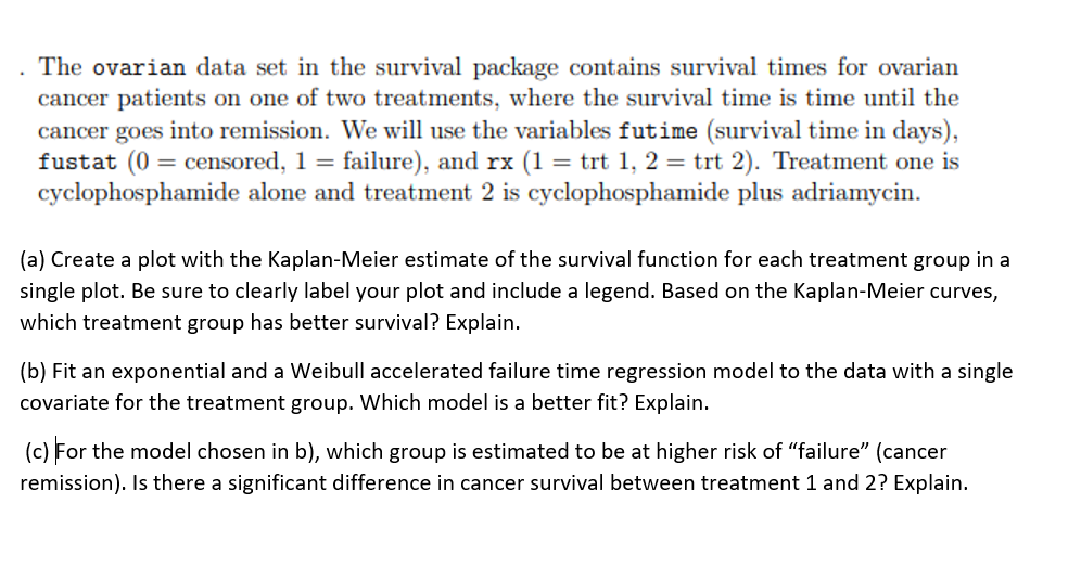 The ovarian data set in the survival package contains | Chegg.com