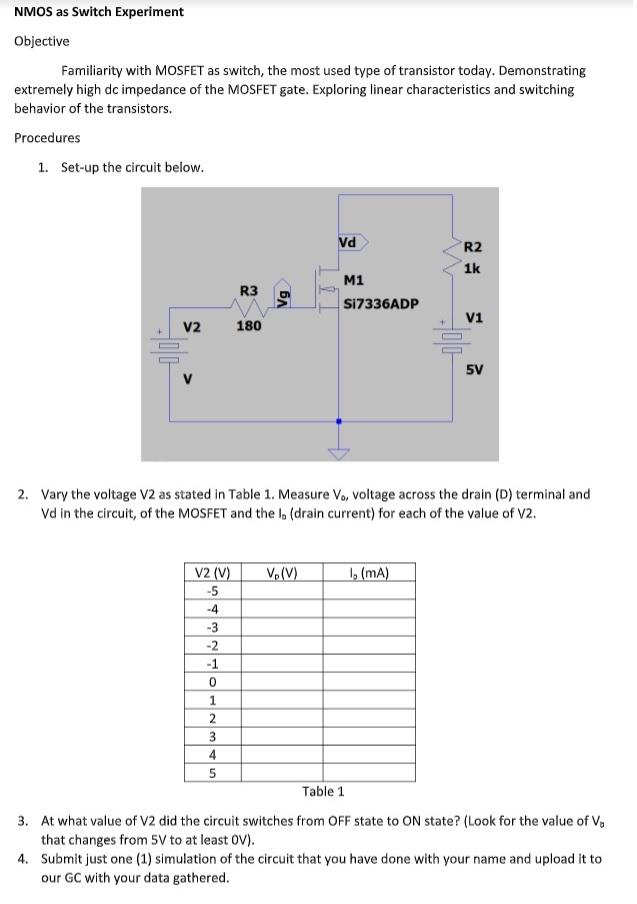 Solved NMOS as Switch Experiment Objective Familiarity with | Chegg.com