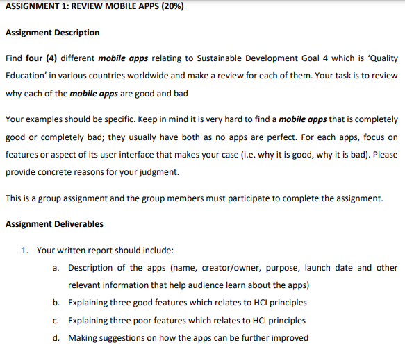 Solved ASSIGNMENT 1: REVIEW MOBILE APPS (20%) Assignment | Chegg.com