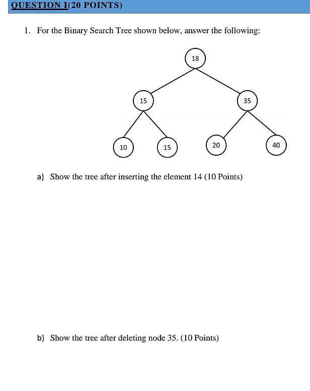 Solved Question I 20 Points 1 For The Binary Search Tree Chegg