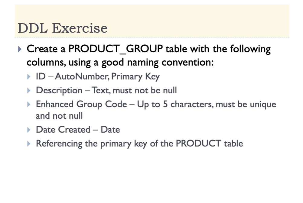 Solved DDL Exercise a Create a PRODUCT_GROUP table with the | Chegg.com