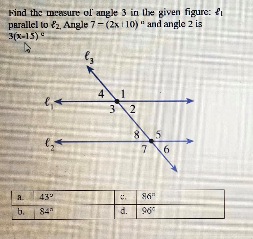 Solved Find the measure of angle 3 in the given figure: fi | Chegg.com