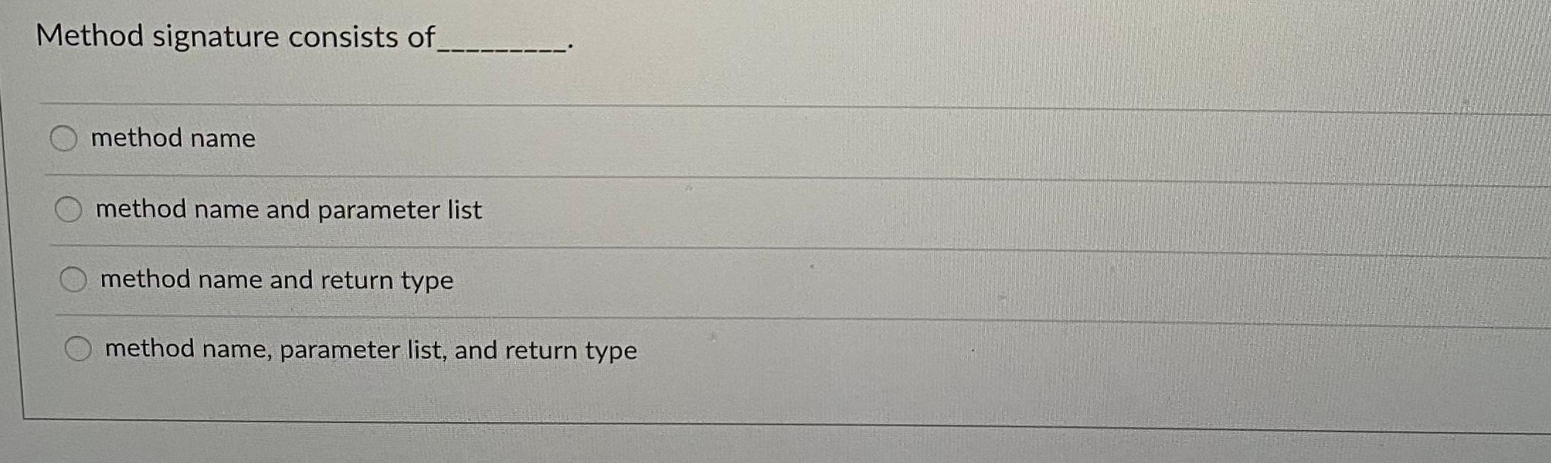 Solved Method signature consists of method name method name | Chegg.com