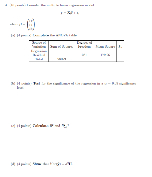 4. (16 points) Consider the multiple linear | Chegg.com