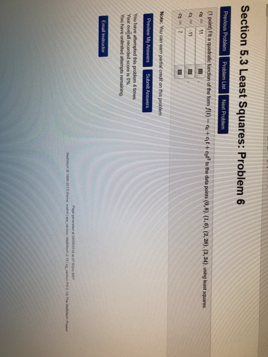 Solved Section 5.3 Least Squares: Problem 6 C11 You have | Chegg.com