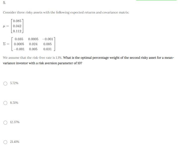 Consider three risky assets with the following | Chegg.com