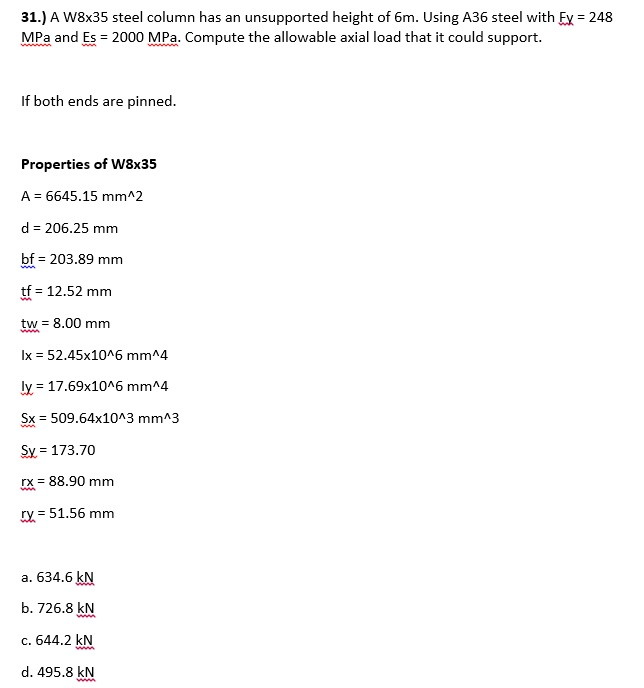 Solved 31.) A W8x35 steel column has an unsupported height | Chegg.com