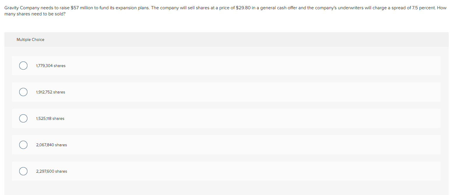 Solved many shares need to be sold?Multiple Choice1,779,304 | Chegg.com Solved many shares need to be sold?Multiple Choice1,779,304 | Chegg.com