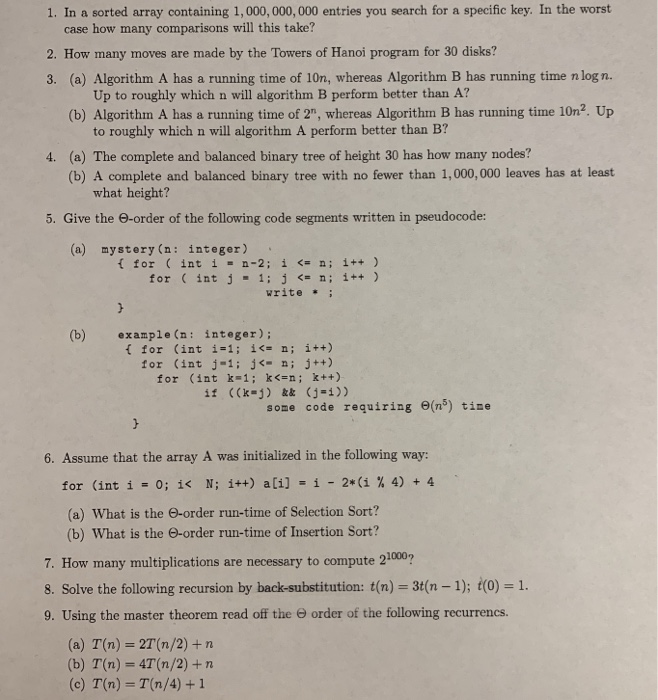 Solved 1. In a sorted array containing 1,000, 000, 000 | Chegg.com