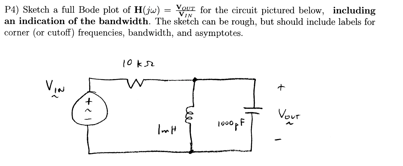 Solved VIN P4) Sketch a full Bode plot of H(jw) Vout for the | Chegg.com