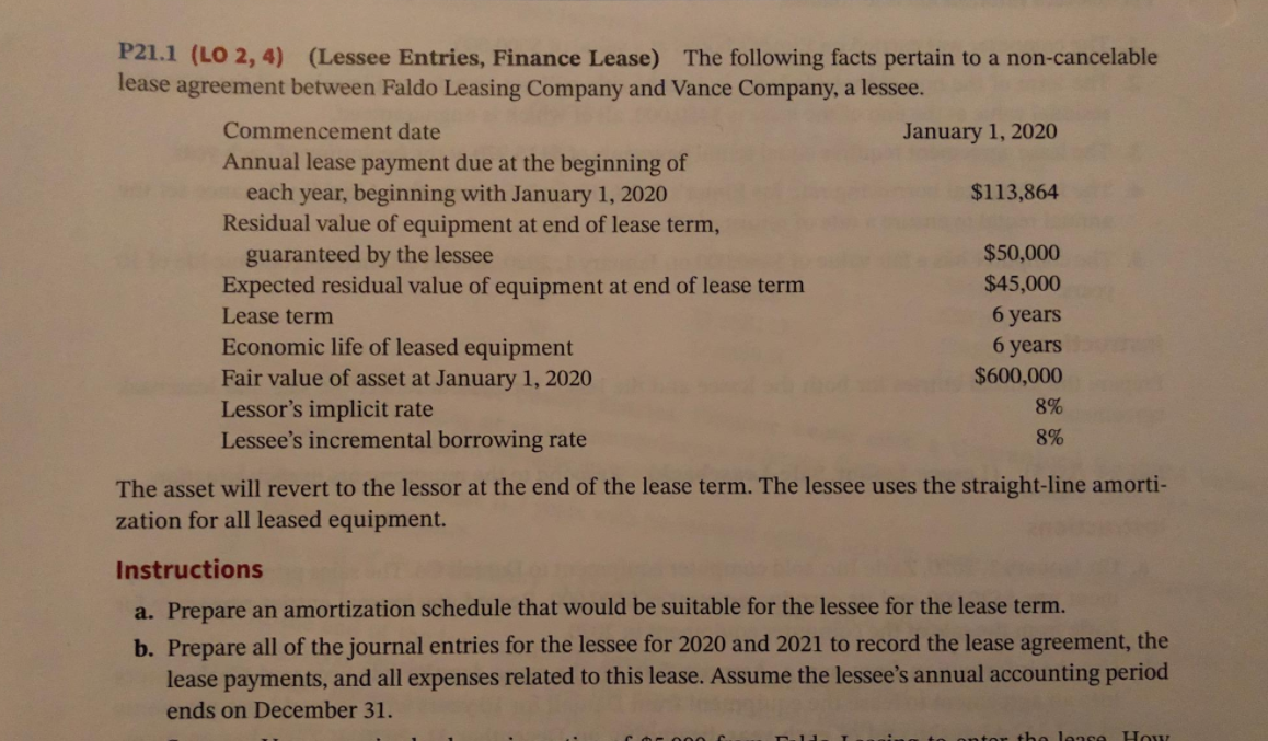 Solved P21.1 (LO 2, 4) (Lessee Entries, Finance Lease) The | Chegg.com