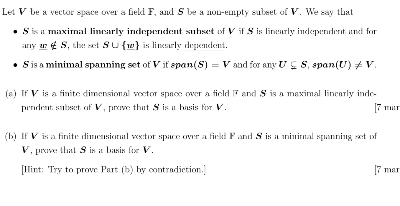 Solved Let V be a vector space over a field F, and S be a | Chegg.com