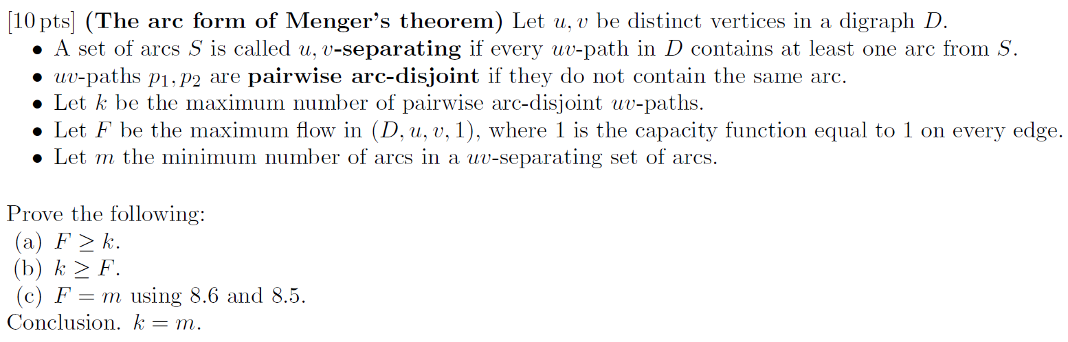 (10 pts] (The arc form of Menger's theorem) Let u,v | Chegg.com