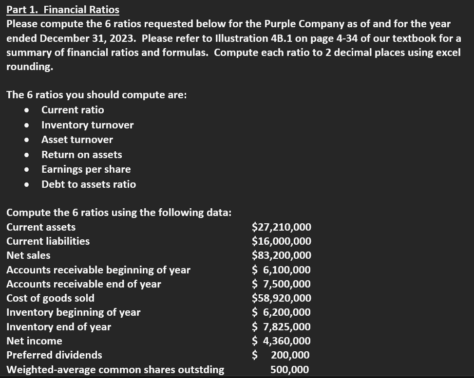 Solved Part 1. Financial Ratios Please compute the 6 ratios | Chegg.com Solved Part 1. Financial Ratios Please compute the 6 ratios | Chegg.com