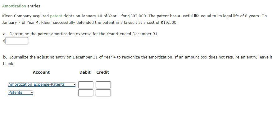 Solved Amortization entries Kleen Company acquired patent | Chegg.com