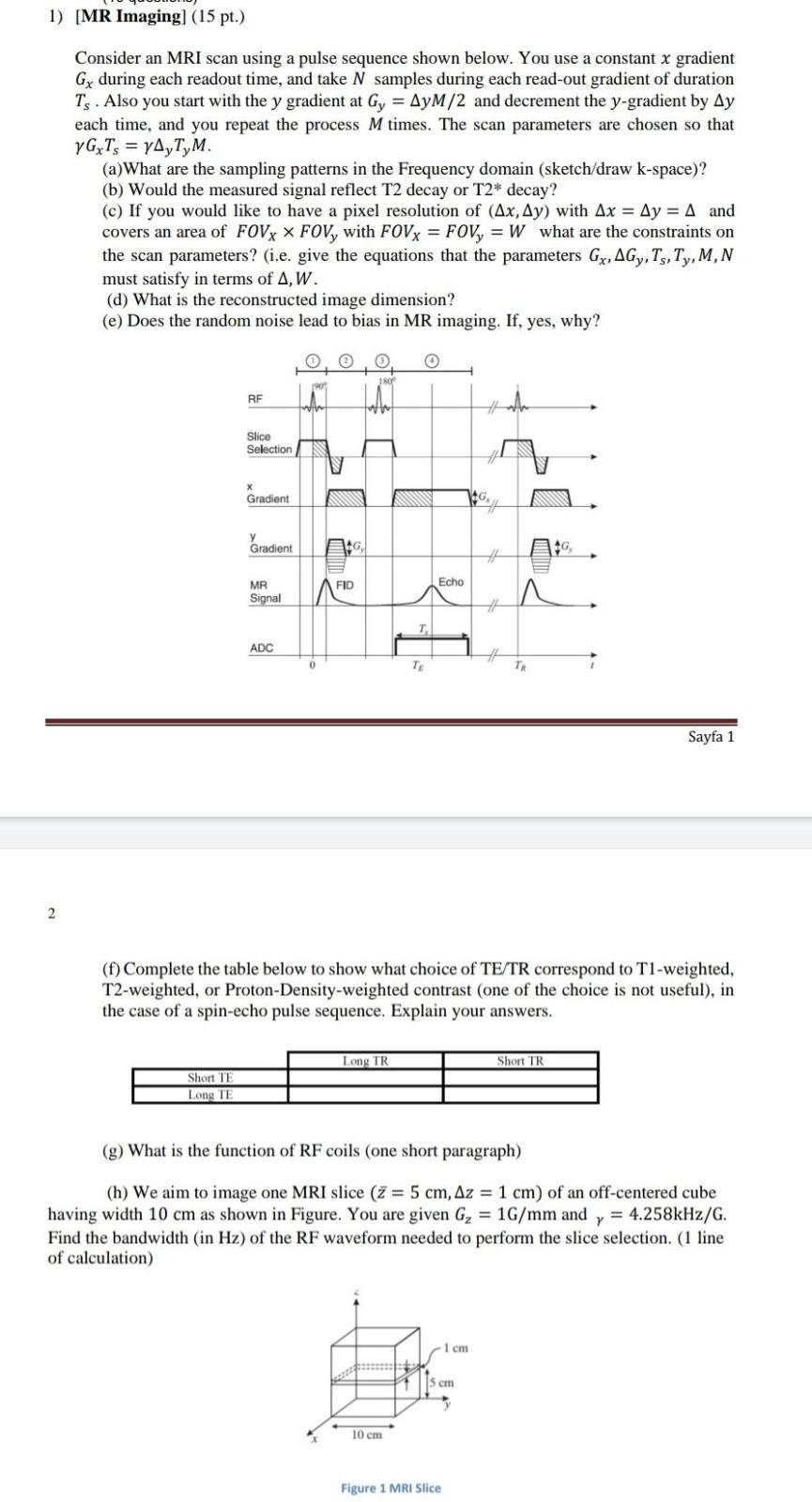 Solved 1) [MR Imaging] (15 pt.) Consider an MRI scan using a | Chegg.com