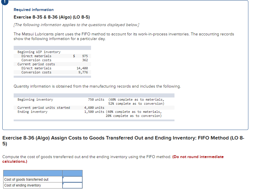 Solved Required information Exercise 8-35 \& 8-36 (Algo) (LO | Chegg.com