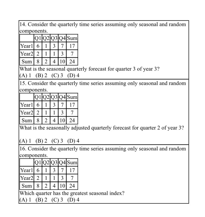 Solved 14. Consider the quarterly time series assuming only | Chegg.com