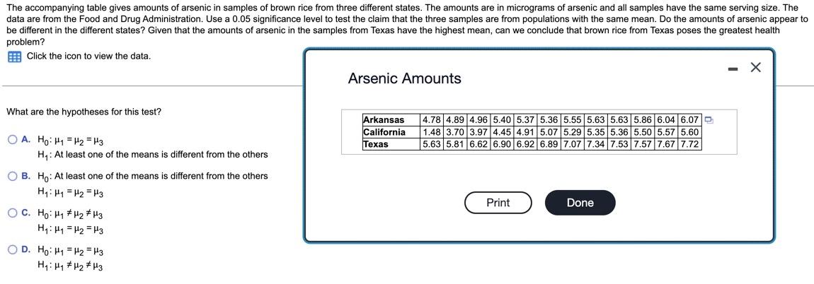 Solved The accompanying table gives amounts of arsenic in | Chegg.com