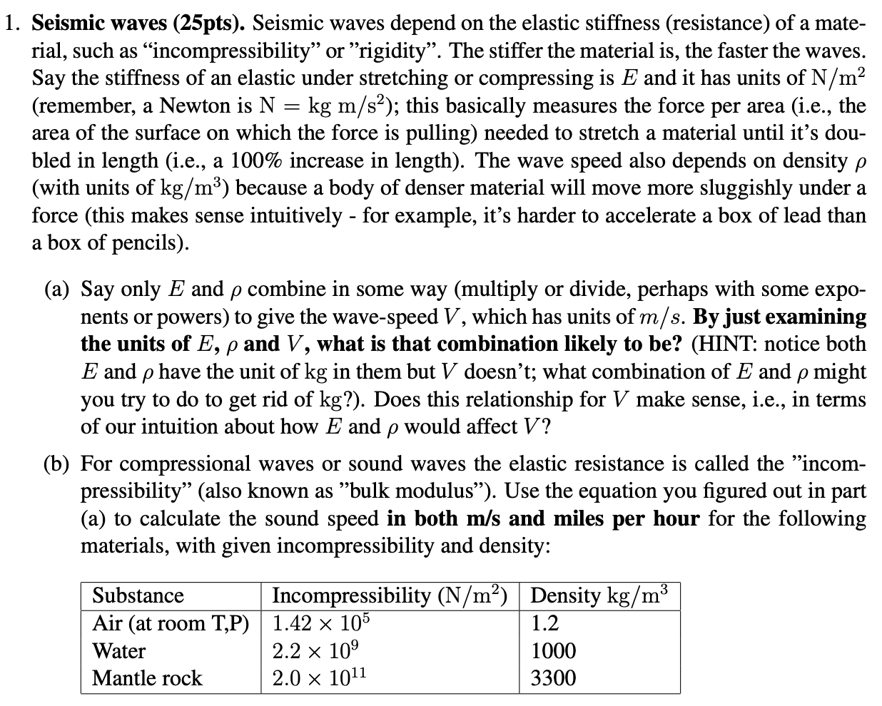 Solved Seismic waves (25pts). ﻿Seismic waves depend on the | Chegg.com