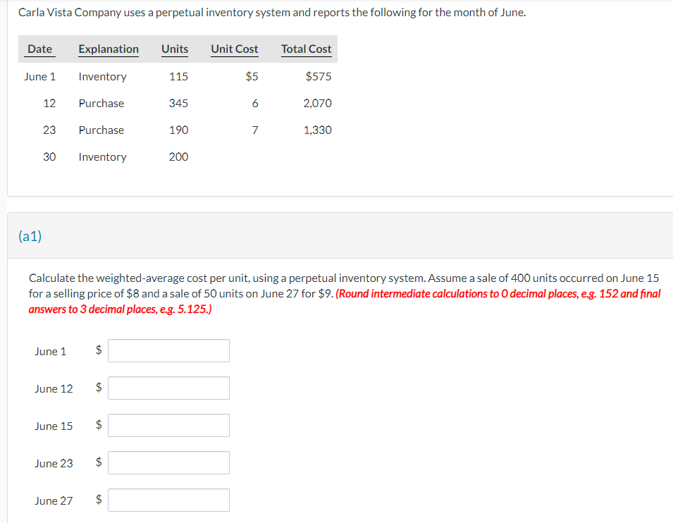 Solved Carla Vista Company uses a perpetual inventory system | Chegg.com