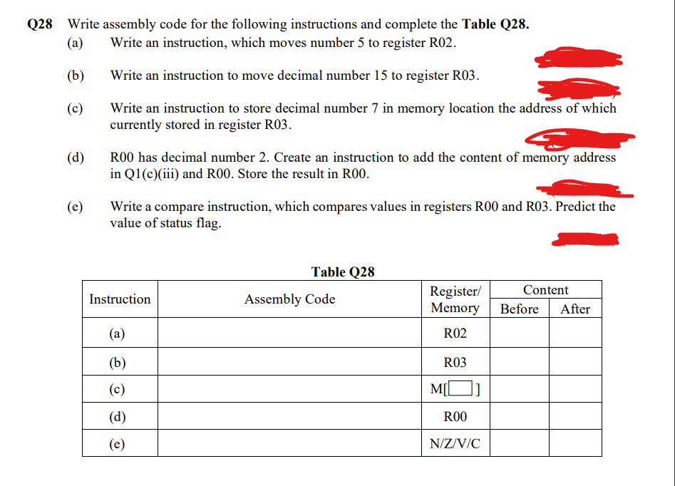 Solved Q28 Write assembly code for the following | Chegg.com