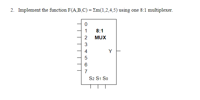 Solved 2. Implement the function F(A,B,C) = {m(1,2,4,5) | Chegg.com