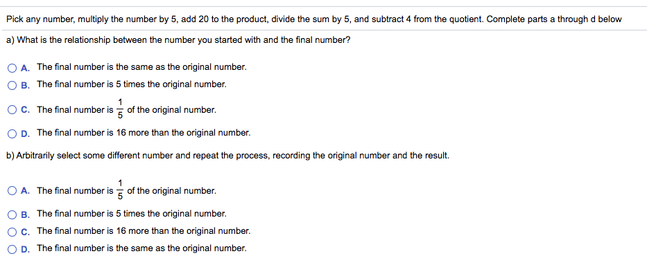 Solved Pick any number, multiply the number by 5, add 20 to | Chegg.com