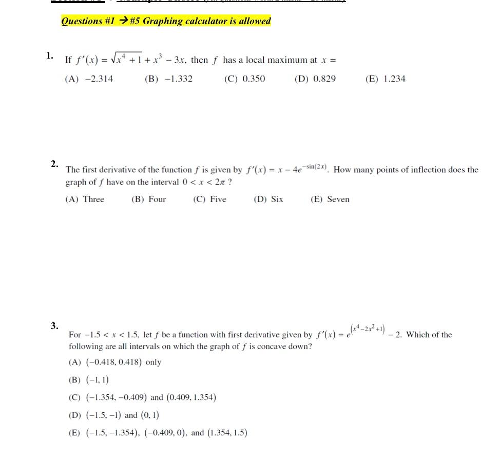 Solved Questions #1 #5 Graphing calculator is allowed 1. If | Chegg.com