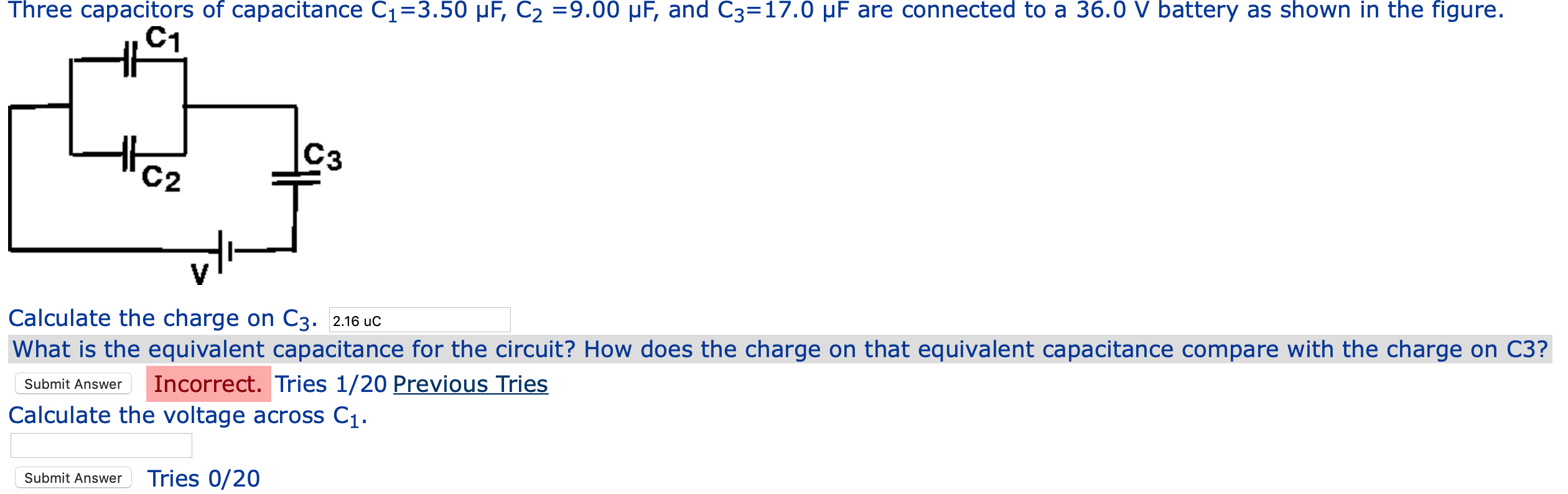 Solved Three capacitors of capacitance C1=3.50 pF, C2 =9.00 | Chegg.com