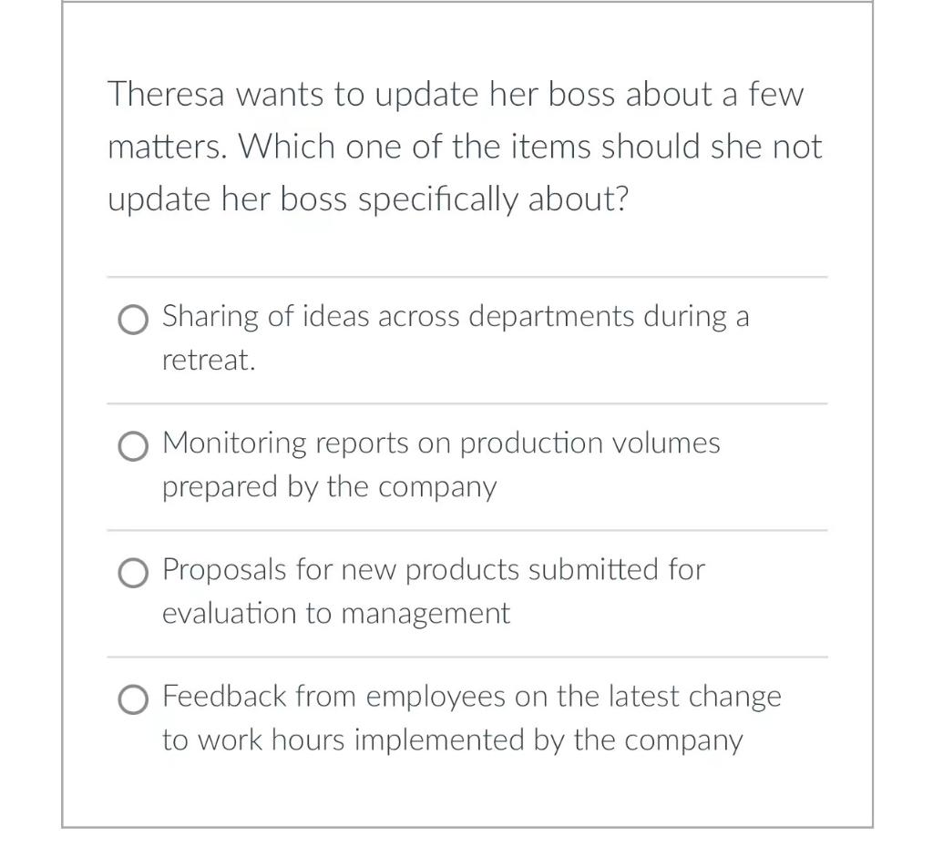 Solved Theresa wants to update her boss about a few matters. | Chegg.com
