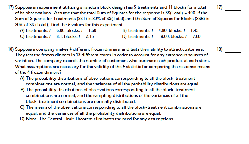 Solved 17) 17) Suppose an experiment utilizing a random | Chegg.com