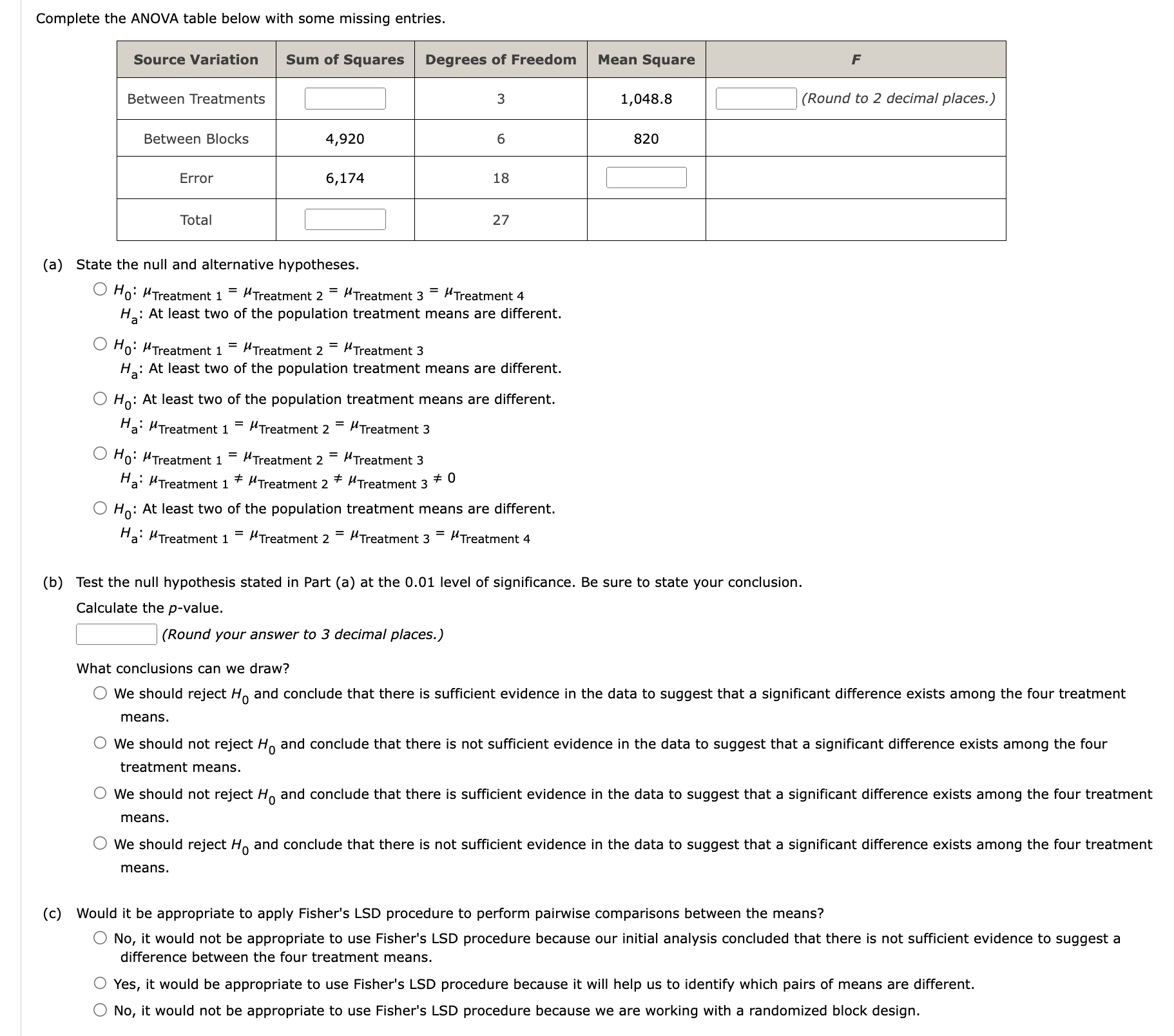 Solved Complete the ANOVA table below with some missing | Chegg.com