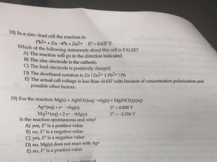Solved 18) In a zinc-lead cell the reaction is: Pb2+ +Zn-Pb | Chegg.com